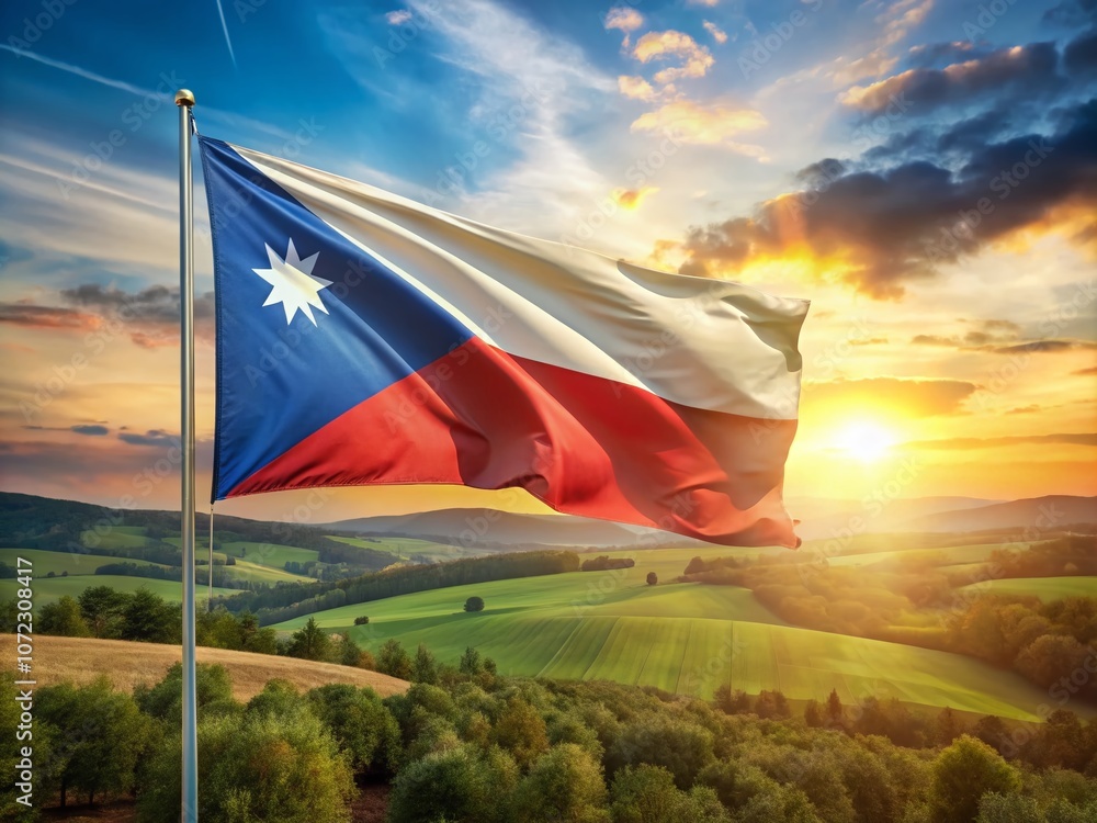 Scenic Landscape Featuring the Flag of the Czech Republic Against a ...