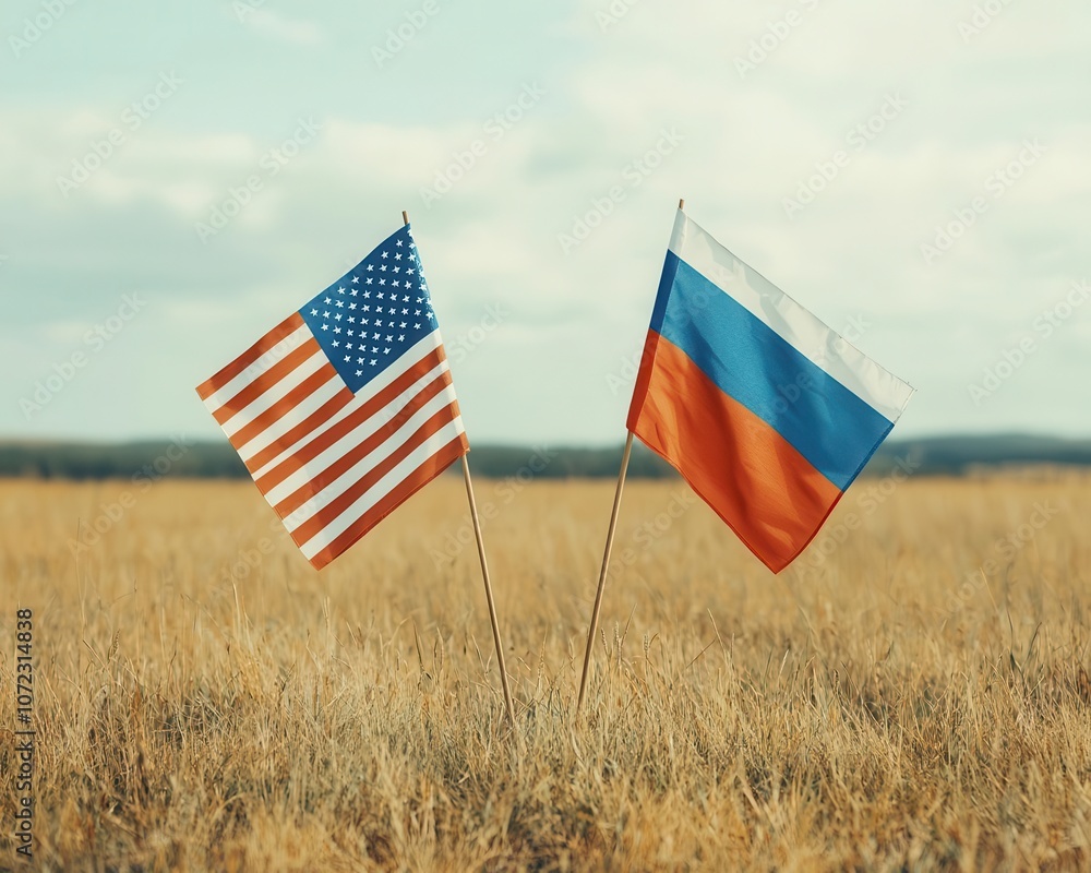 WWII battlefield with American and Soviet flags side by side ...