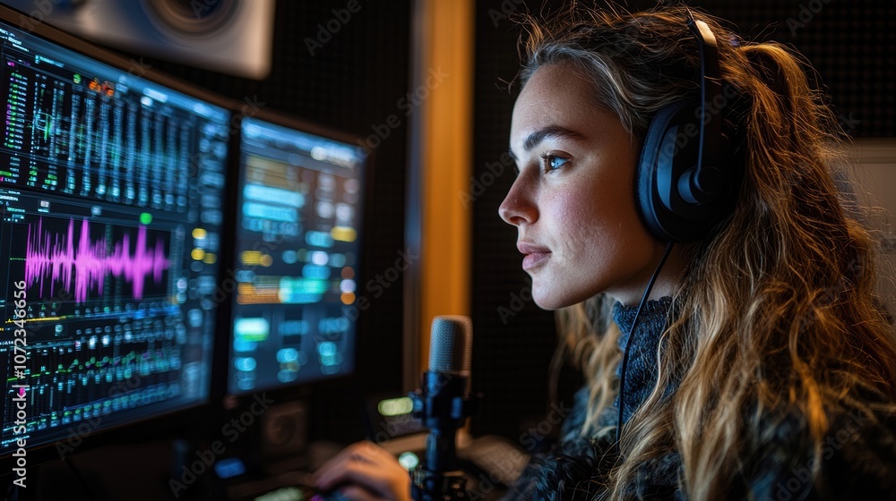 Woman testing a voice recognition AI model in a recording studio setup ...