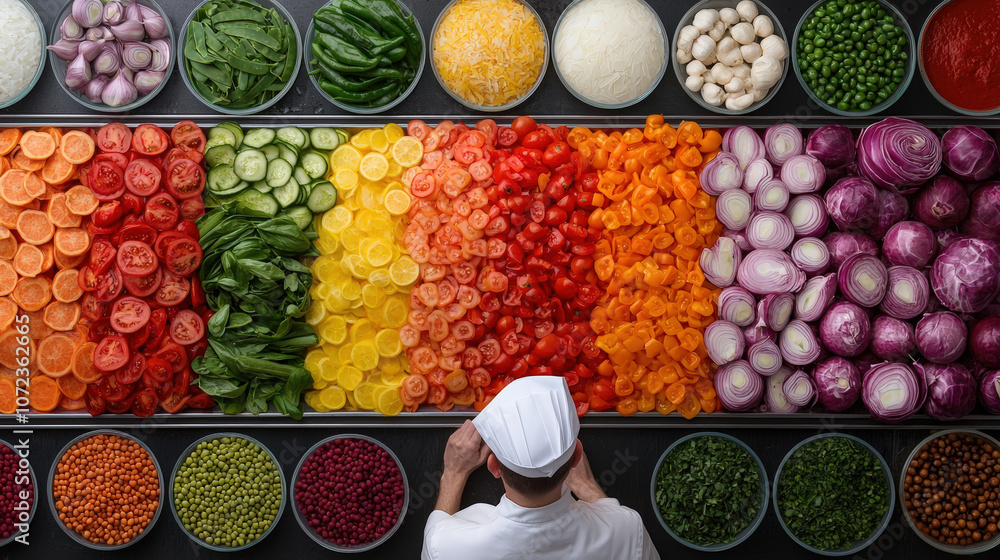 Chef preparing vibrant array of fresh vegetables, including carrots ...