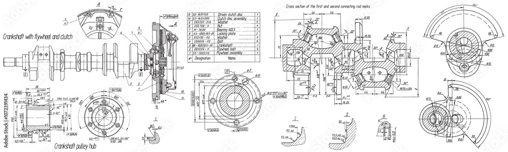 Crankshaft with flywheel and clutch of cargo vehicle. Engineering ...