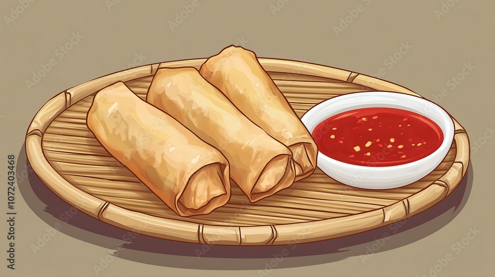 Deep fried spring rolls on bamboo plate tray with thai sweet chili ...