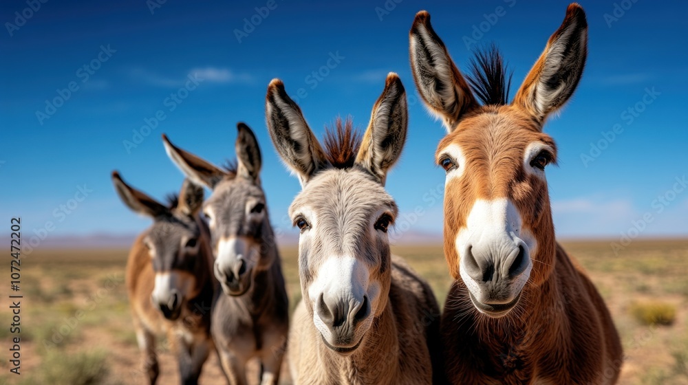 Four curious donkeys stand close together in a desert setting ...