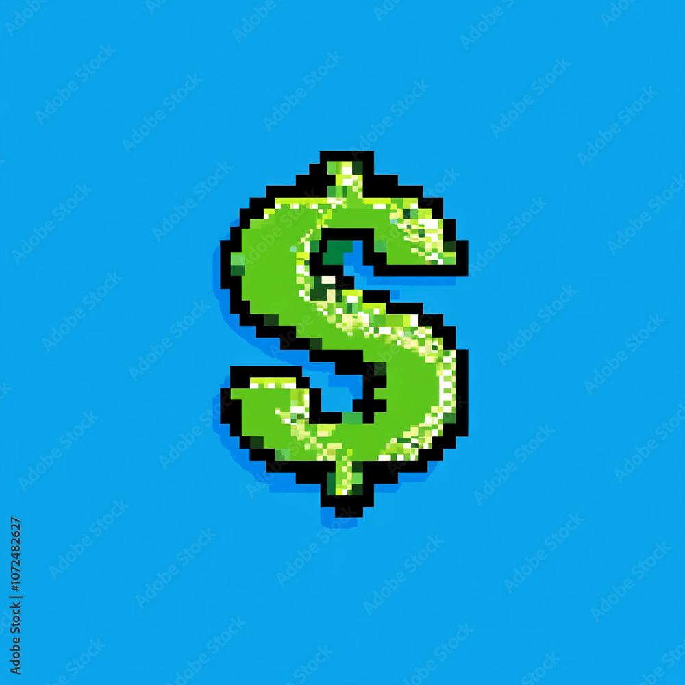 Pixel art dollar sign icon on vibrant blue background. Retro gaming ...