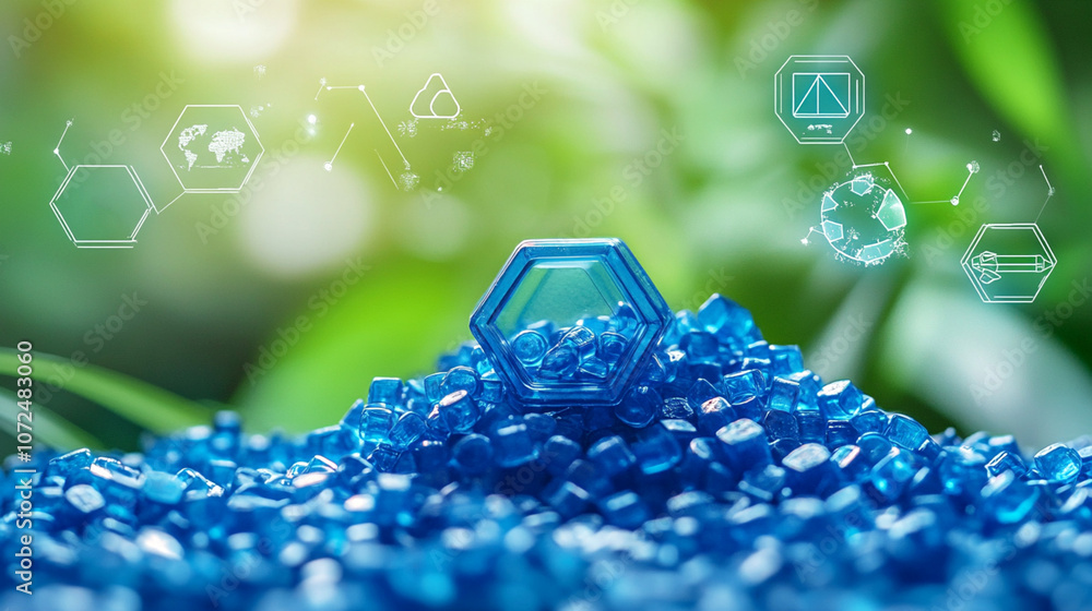 Pile of blue plastic polymer granules with a chemical structure overlay ...