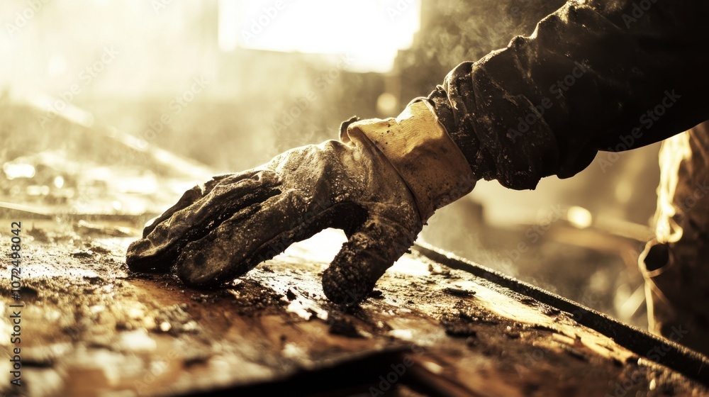 Skilled worker restoring fire-damaged house inspecting framework ...