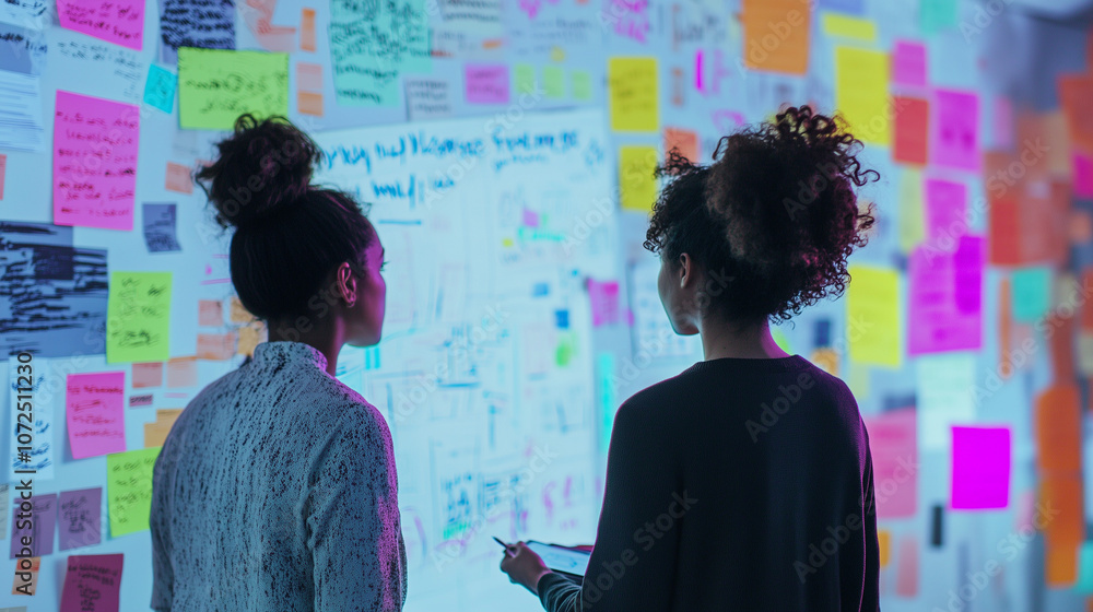 Women brainstorming at a whiteboard covered in tech project ideas ...