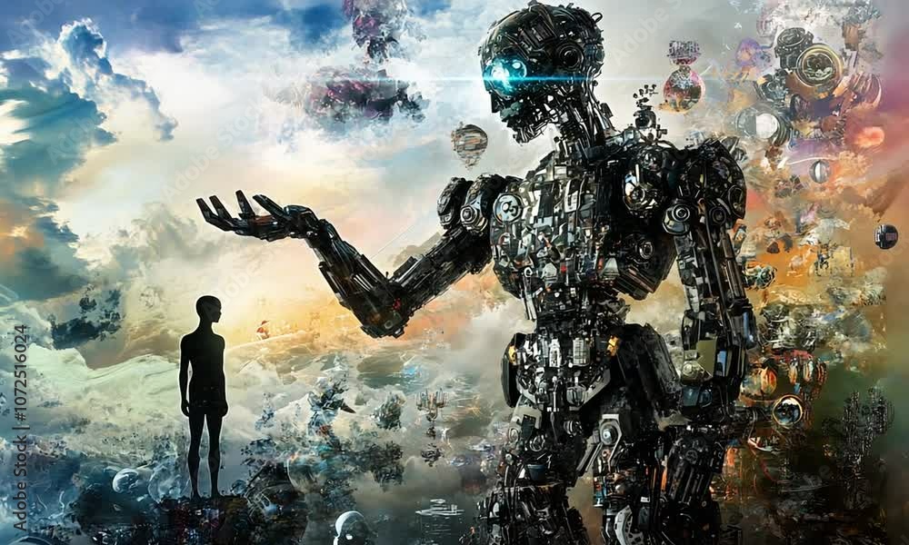 A Mechanical Being Offers a Hand to a Human Figure in a Dreamlike ...