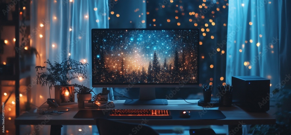 A computer monitor with a starry night forest wallpaper on the screen ...