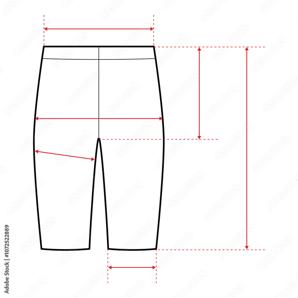 Cycling Shorts Technical Drawing with Measurement Points and Size Chart ...