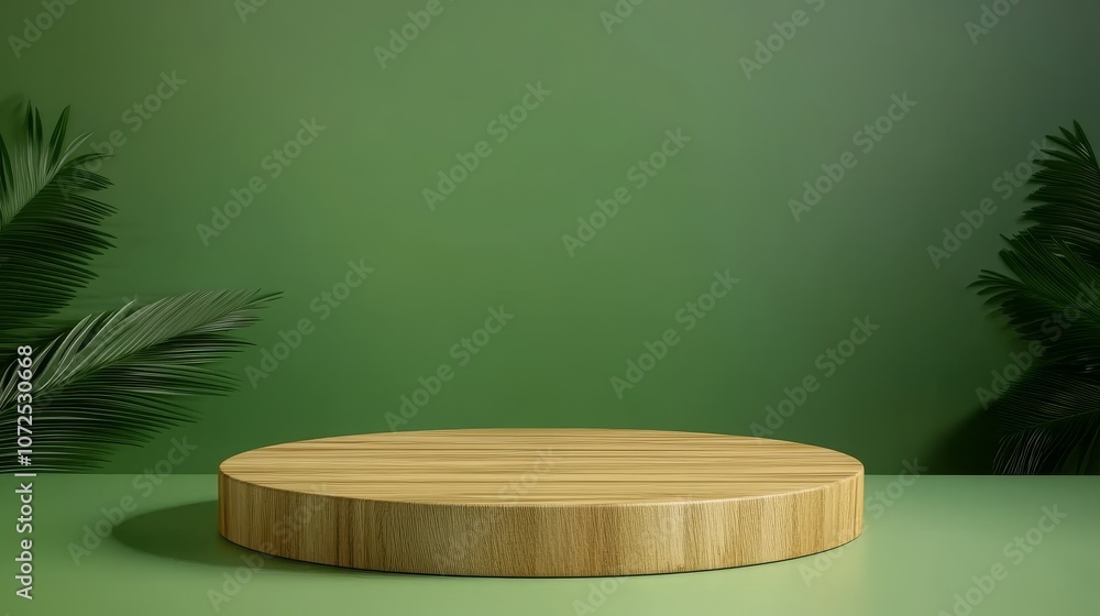 Minimalist green background with wooden platform, tropical leaves ...