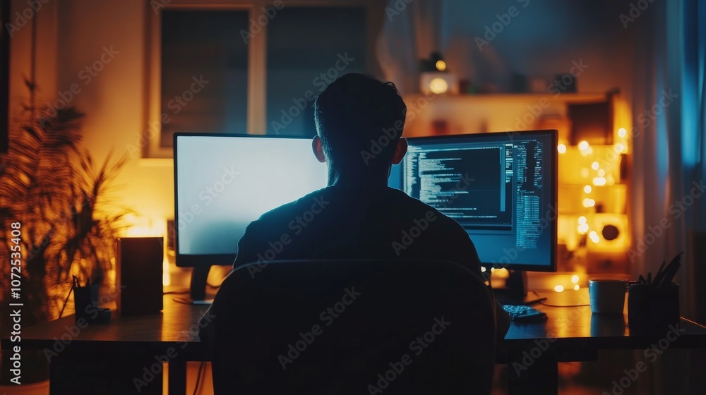 A wide angle back view of a man operating a computer in a home office ...