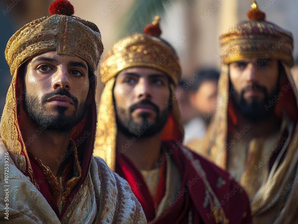 Three Wise Men in ornate robes and crowns presenting gifts of gold ...