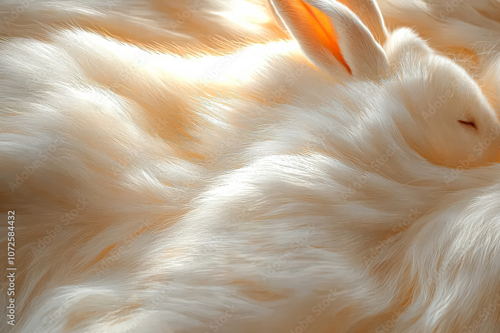 Rabbit is sleeping on a white fur. The fur is fluffy and soft. The ...