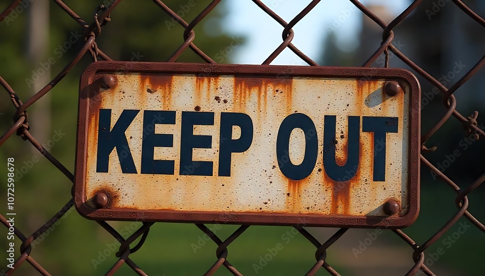 Rusted metal sign with the text Keep Out attached to a chain link fence ...