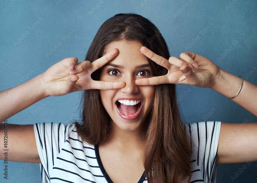 Peace sign, emoji and model with excited, screaming and confidence in ...