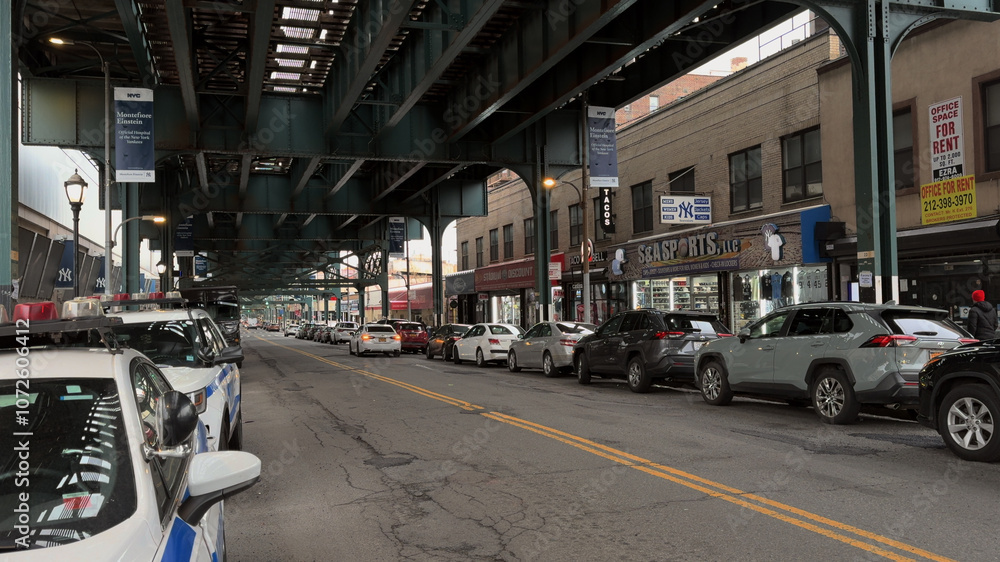 Bronx, New York City, USA, April 1, 2024: River Avenue under the train ...