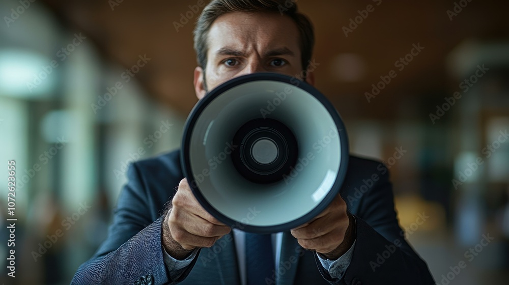 A focused speaker delivers important messages using a megaphone ...
