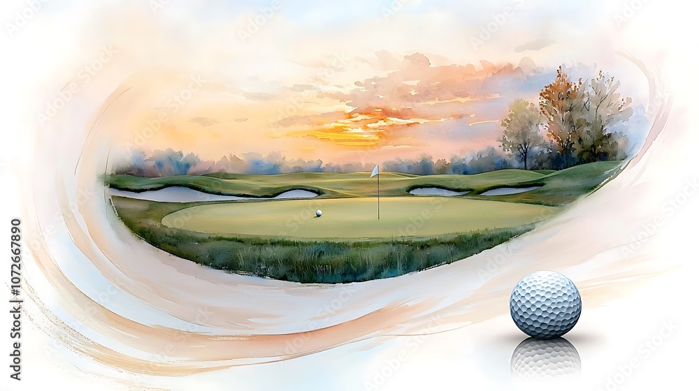 The artist skillfully depicts the peaceful ambiance of a golf course at ...