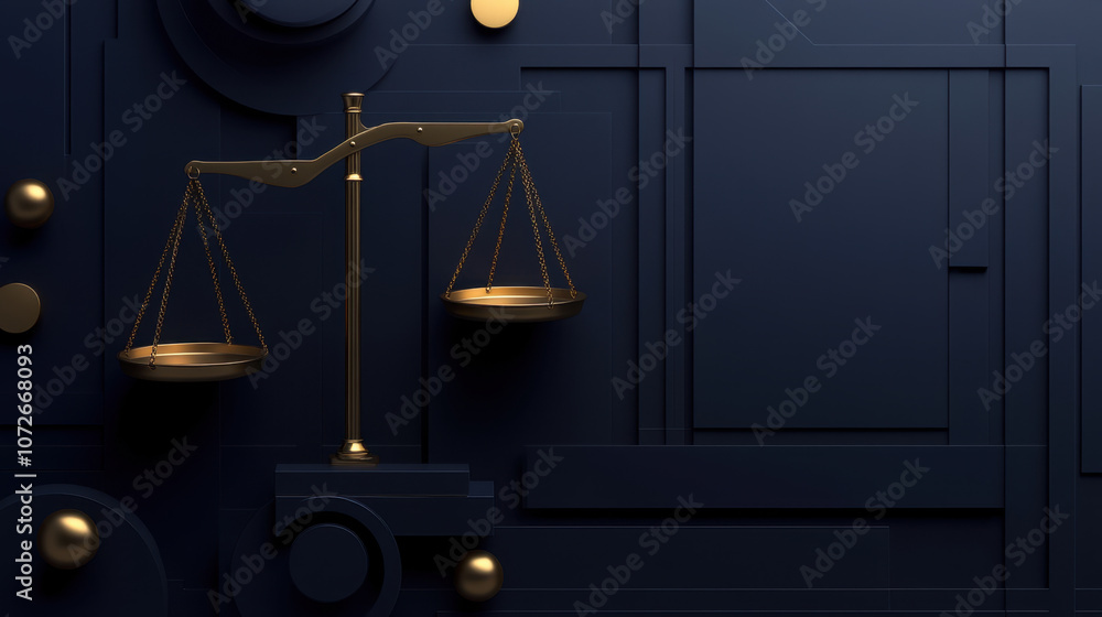 golden scale of justice stands prominently against dark blue geometric ...