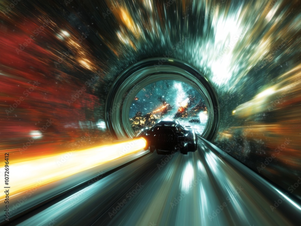Futuristic spaceship racing through a cosmic tunnel with vibrant colors ...