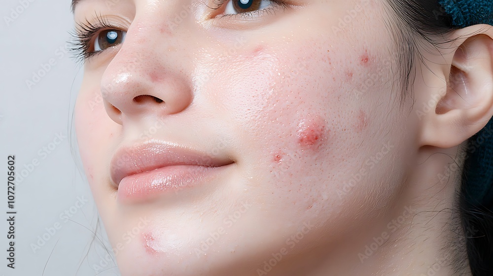 Before the acne treatment, the womans face was marked with red ...