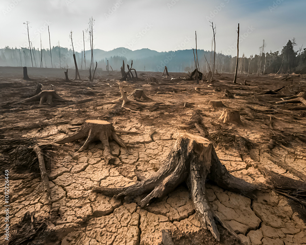 Desolate Landscape of Deforestation and Drought - Tree Stumps on ...