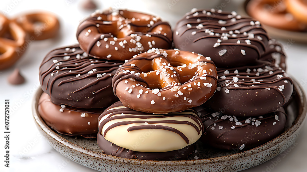 Chocolate covered pretzels stacked on small tray, showcasing delightful ...