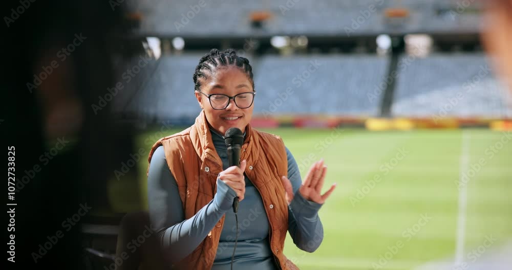Journalist, microphone and talking in stadium for interview, press ...