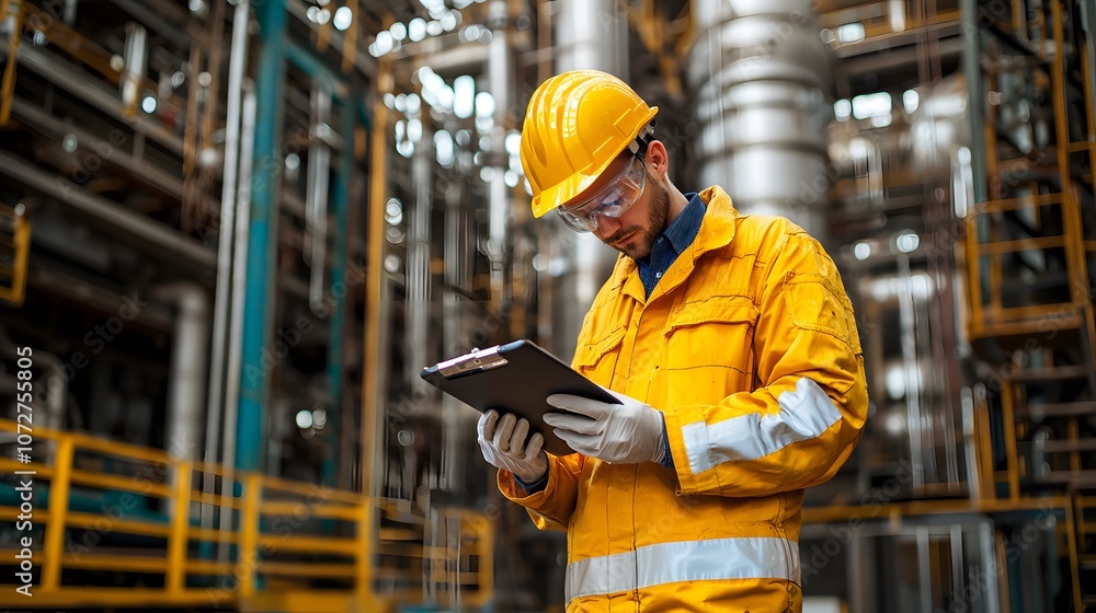 Industrial Worker Conducts Safety Inspection in Manufacturing Facility ...