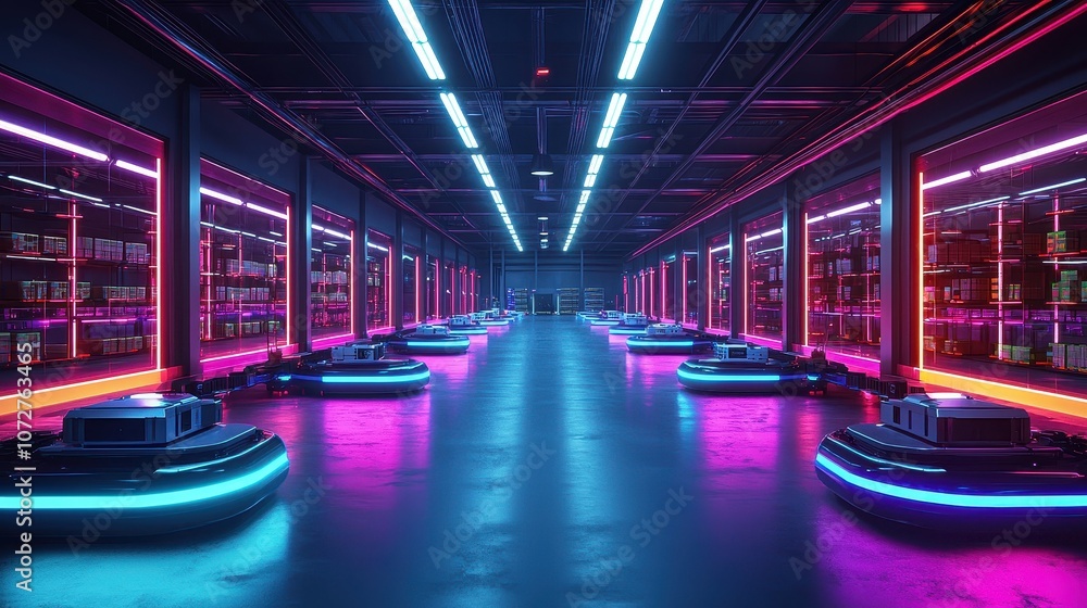 A high-tech logistics center with robotic sorting systems and neon ...