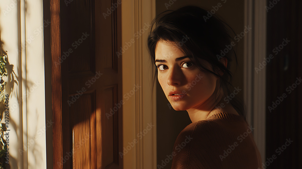 Reluctant expression on person's face, standing near door, hesitant ...