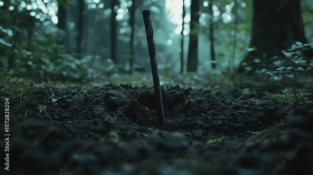 Stake driven deep into ground, forest clearing, silent moment, 8k, hyper realistic, real life ...