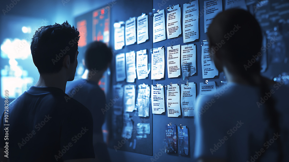 Team roster pinned on bulletin board, list of names, game preparation ...