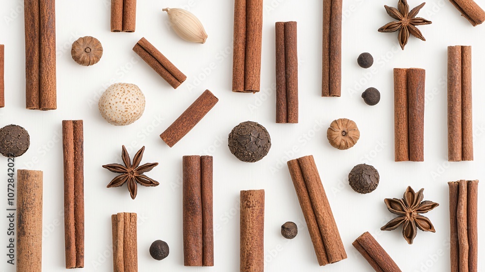 Realistic cinnamon sticks and whole cloves placed on a seamless white ...