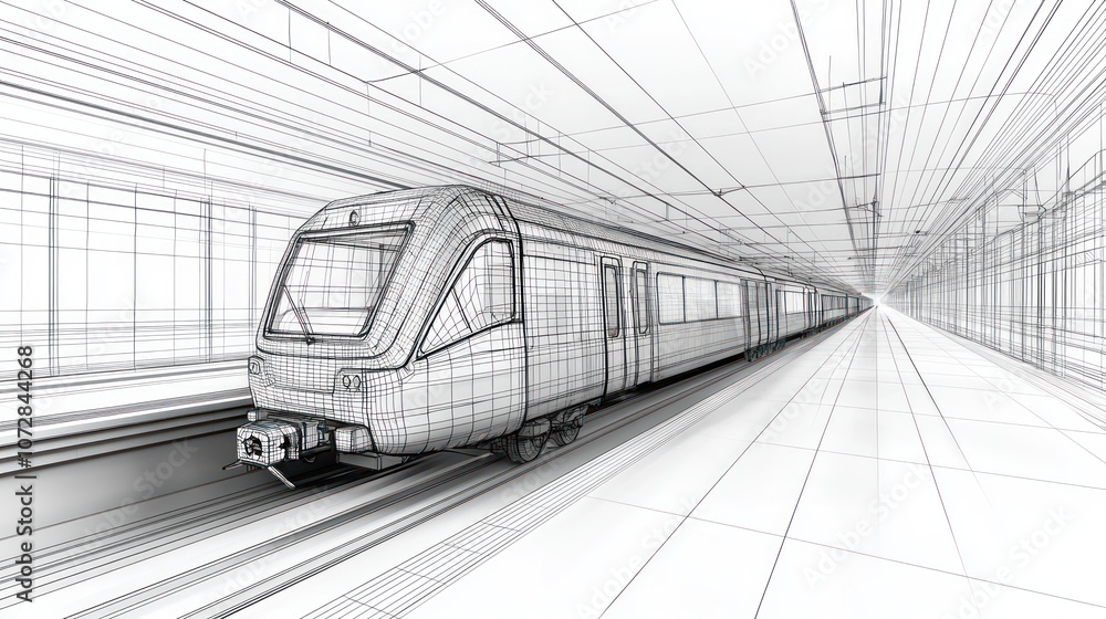 Wireframe model of a modern train at a metro station, showcasing ...