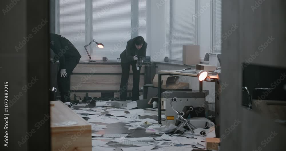 Multiethnic investigation team working at crime scene: Female forensic ...