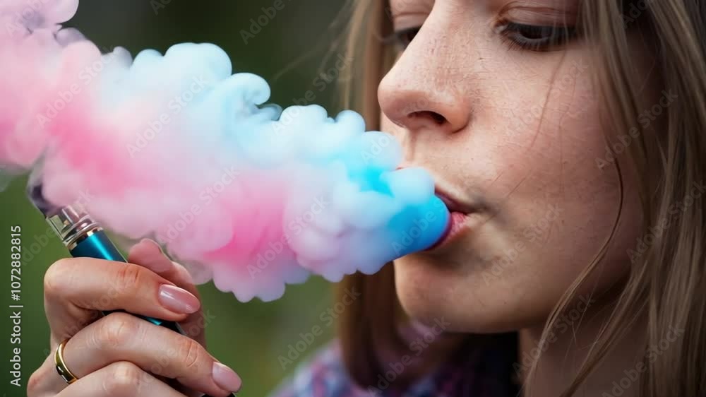 Close-up shot of a young woman holding a vape pen, as she blows out a ...