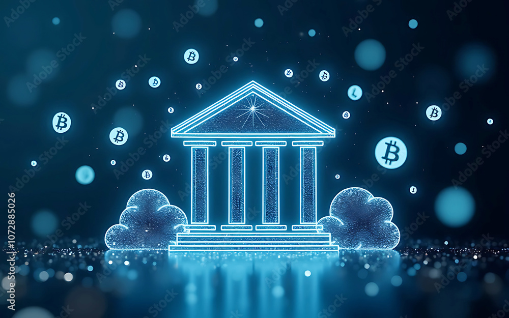 A digital bank building icon overlaid with various digital currency ...