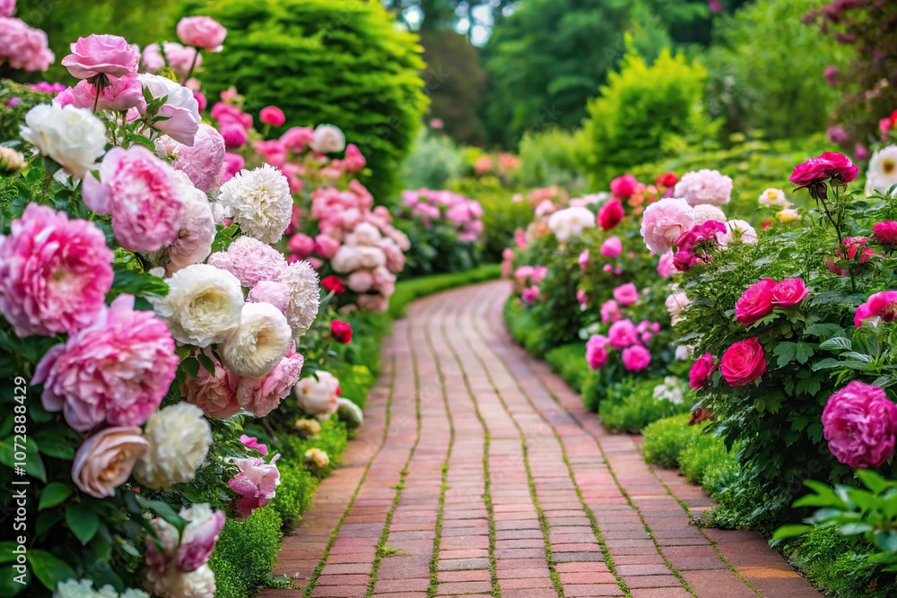 Beautiful peonies and roses form a lush border along a meandering brick ...