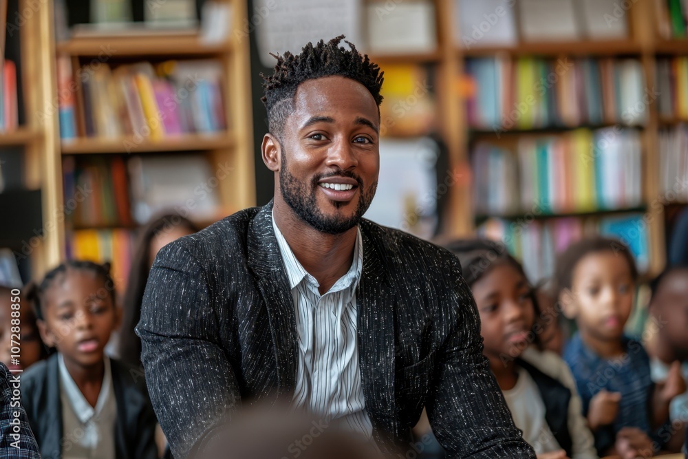 Passionate Black teacher actively engaging with students in a classroom ...