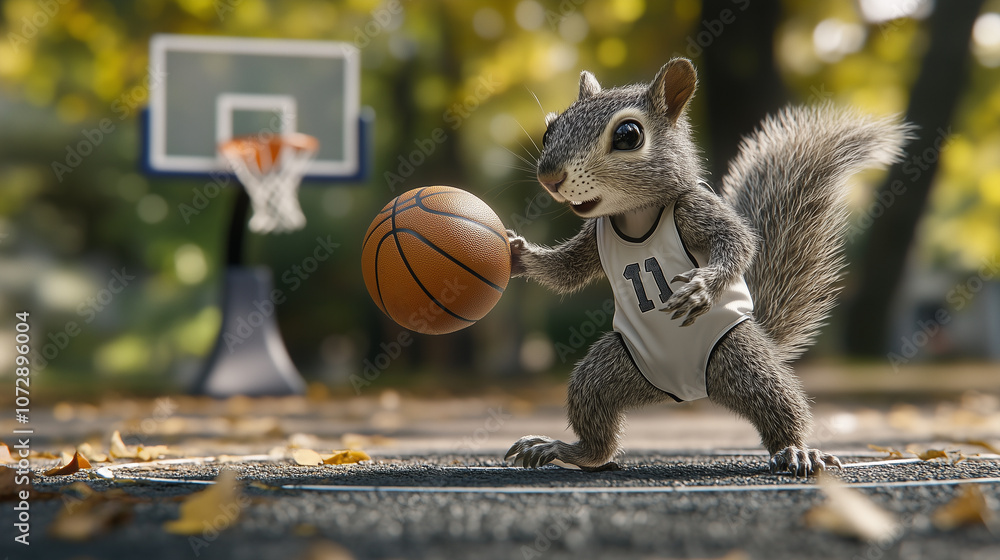 Basketball. Squirrel Playing Basketball in Outdoor Court, Wearing ...