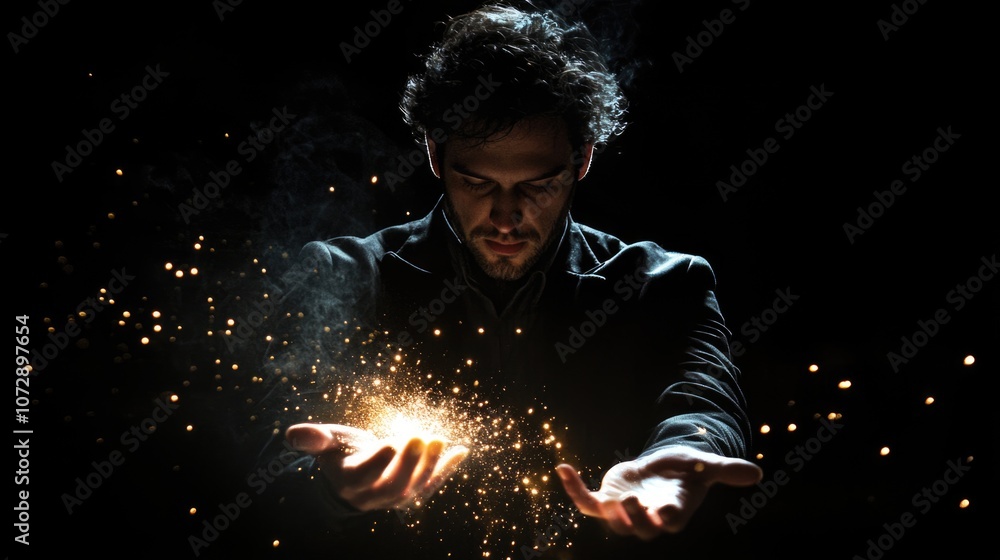 Powerful magician man shows tricks with energy. Wizard casts magical ...