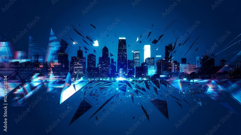 Blue cityscape fractured. Futuristic city skyline art; shattered ...