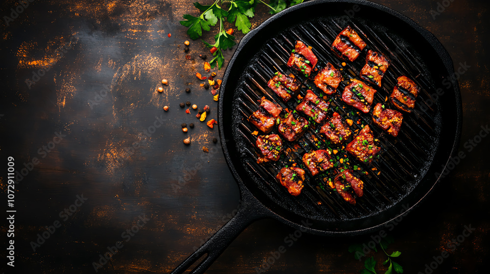 Korean BBQ on a castiron grill, top view, vibrant studio lights bringing out fine textures for ...