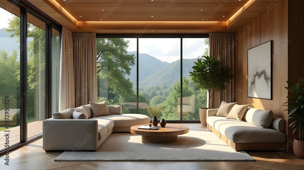 Interior of a modern glass smart house built among nature, in the ...