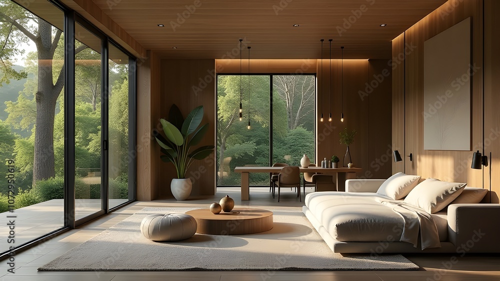 Interior of a modern glass smart house built among nature, in the ...
