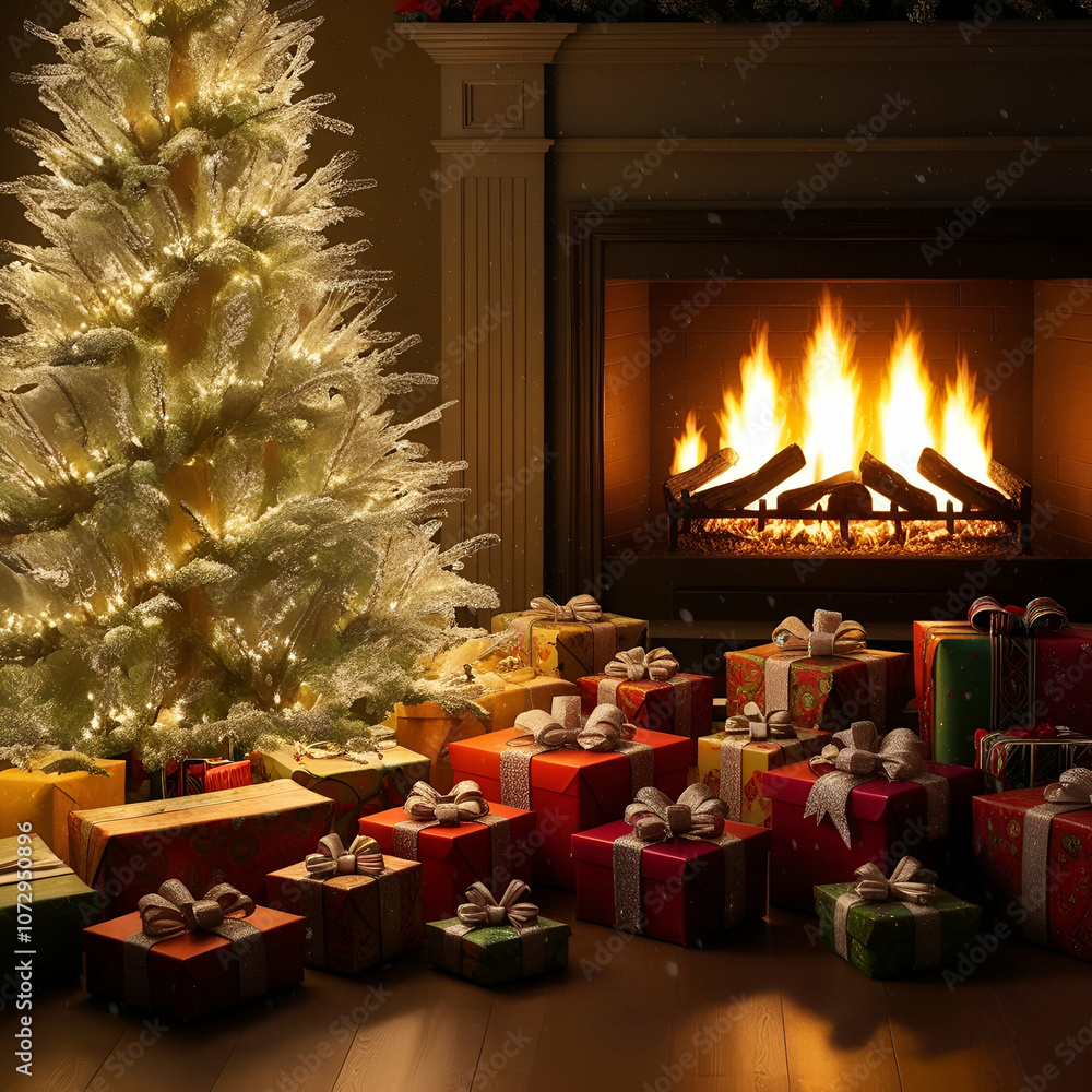 Christmas gift boxes on the floor against the Christmas tree and ...