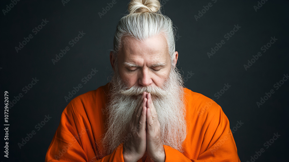 Portrait of an old monk with long white beard and hair tied in a bun ...