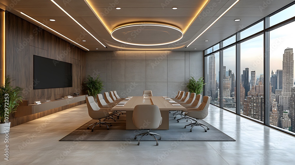 Conference room in tall skyscraper, stunning cityscape view through ...